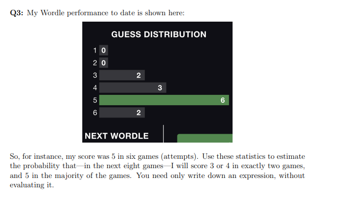 Solved Q3: My Wordle performance to date is shown here: | Chegg.com