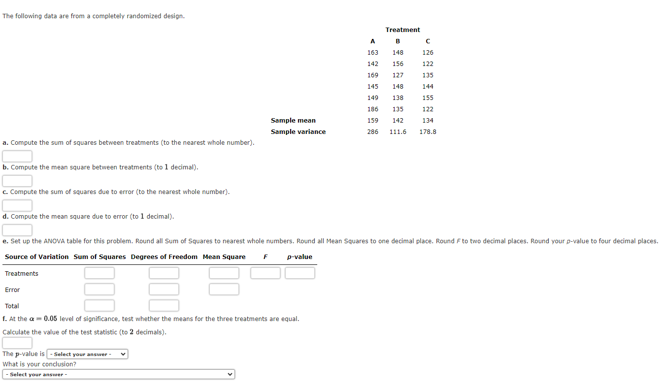 Solved The following data are from a completely randomized | Chegg.com