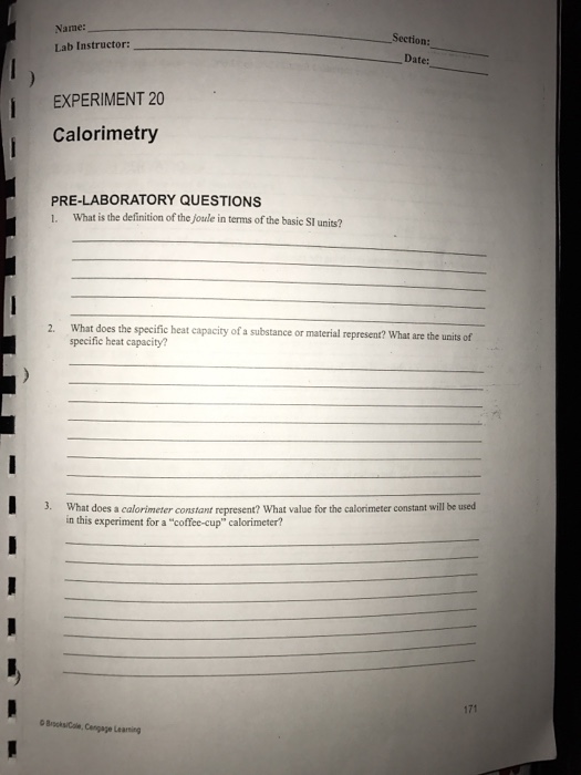 Solved Name Lab Instructor Date: EXPERIMENT 20 Calorimetry | Chegg.com