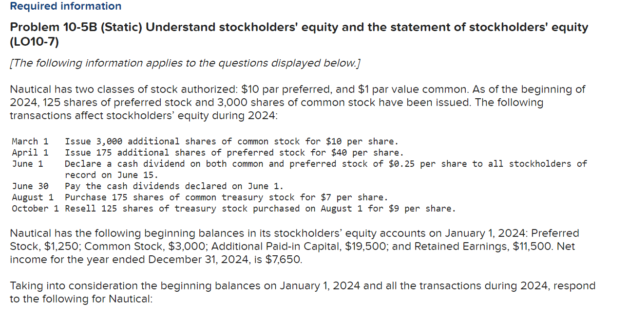 Solved Problem 10-5B (Static) Understand stockholders' | Chegg.com