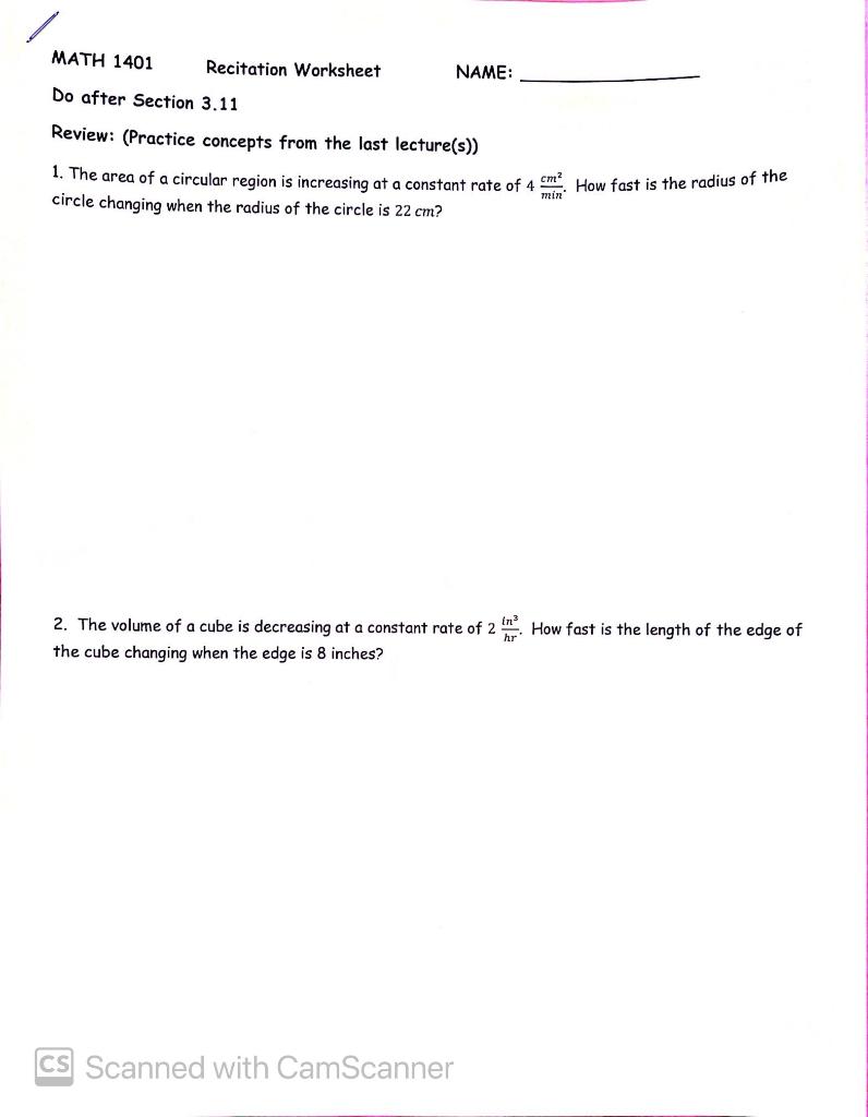 Solved MATH 1401 Recitation Worksheet NAME: Do after Section | Chegg.com