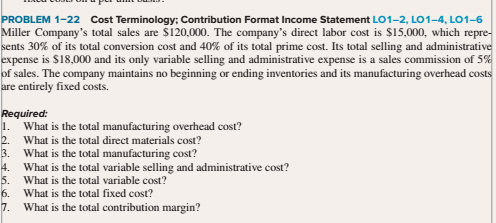 Solved PROBLEM 1-22 Cost Terminology: Contribution Format | Chegg.com