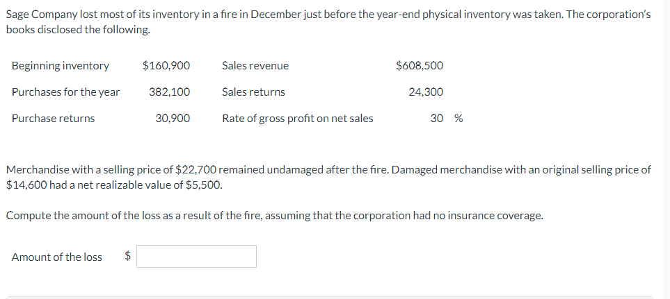 Solved Sage Company lost most of its inventory in a fire in | Chegg.com