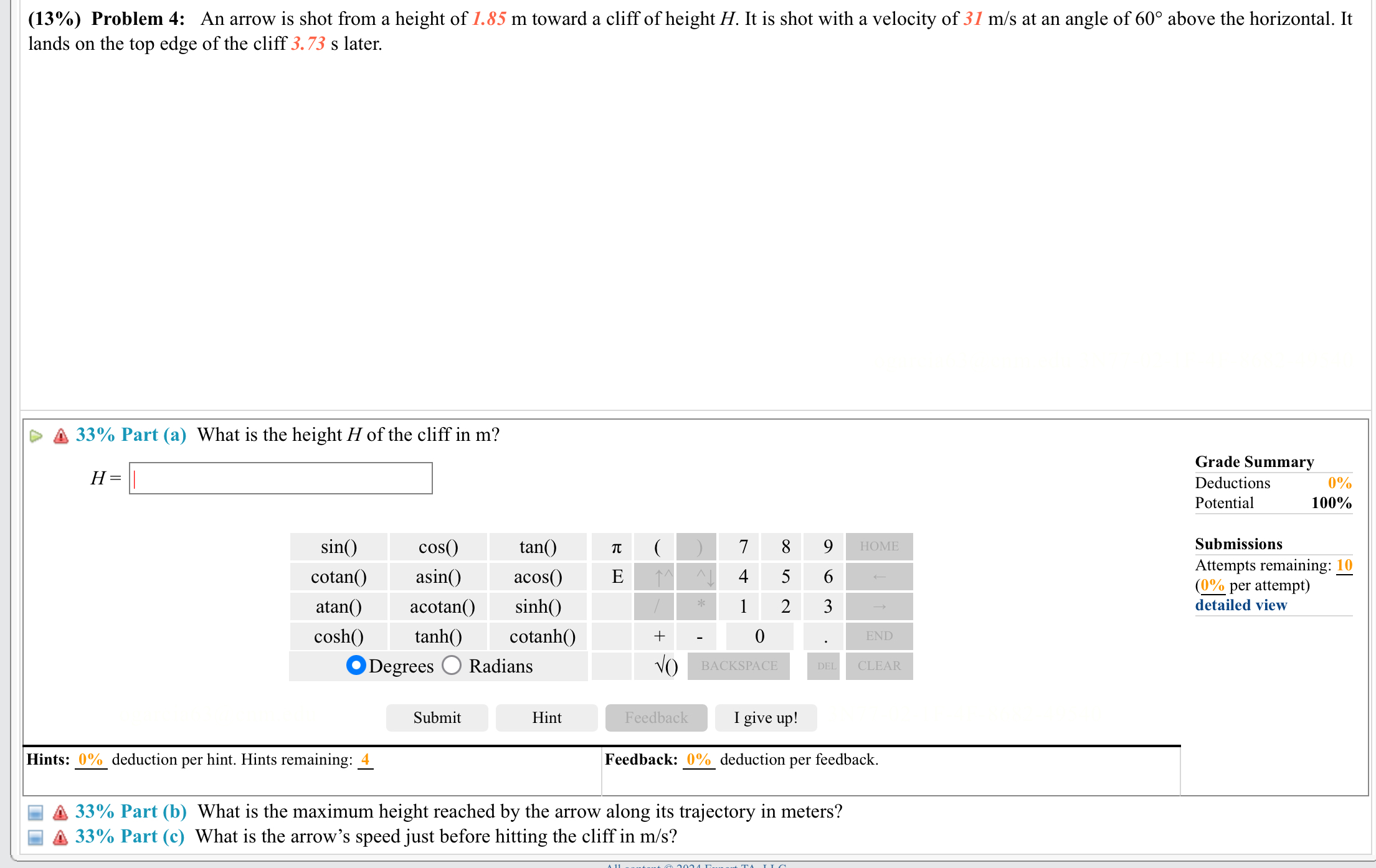 Solved (13%) ﻿Problem 4: An arrow is shot from a height of | Chegg.com