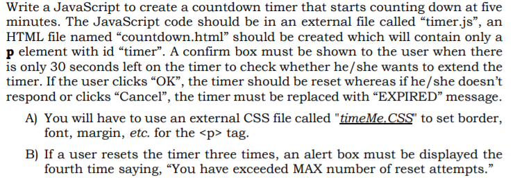 Solved Write a JavaScript to create a countdown timer that | Chegg.com