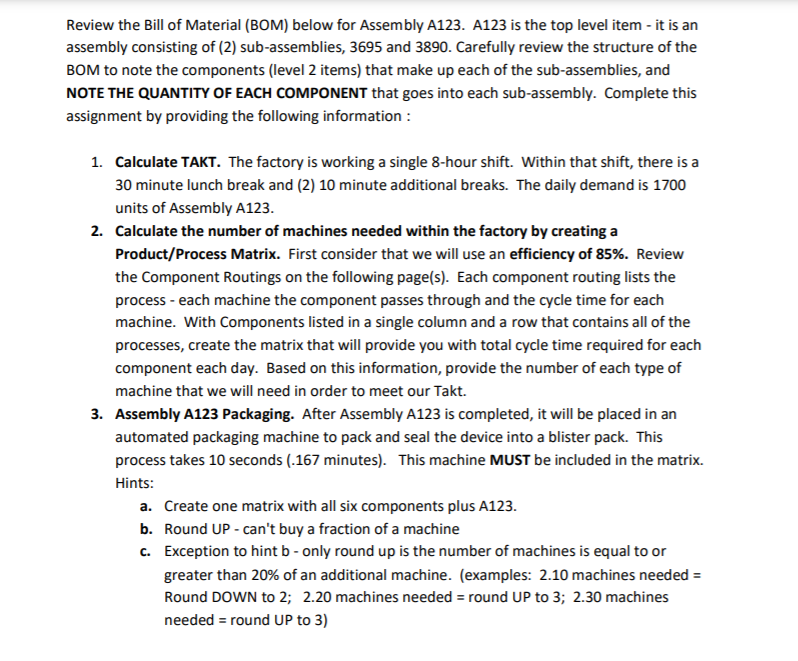 Solved Review the Bill of Material (BOM) below for Assembly | Chegg.com