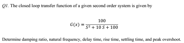01. The closed loop transfer function of a given | Chegg.com