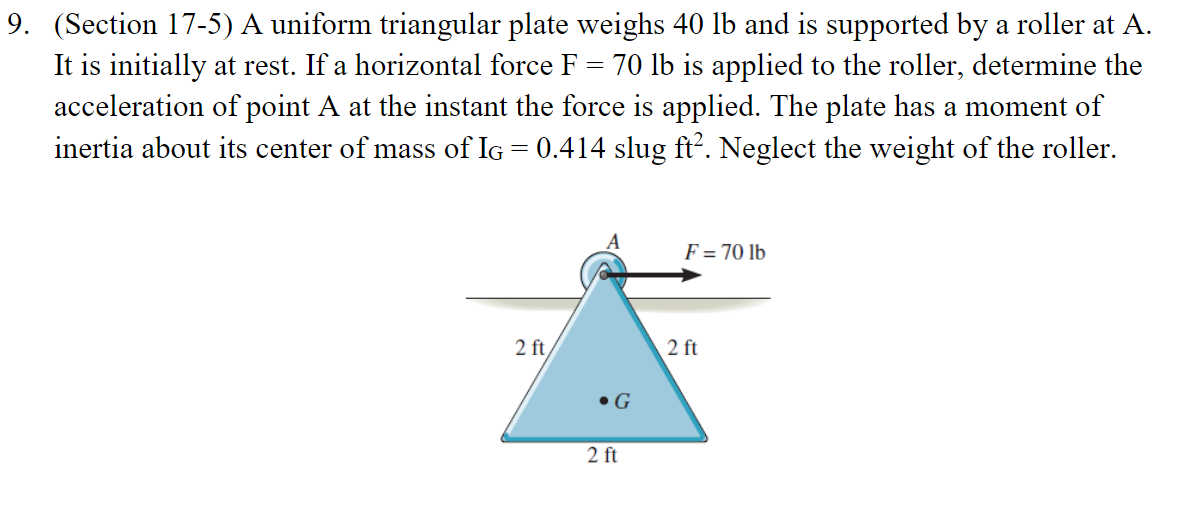 Solved 9. (Section 17-5) A uniform triangular plate weighs | Chegg.com