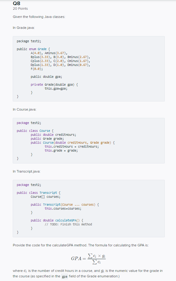Q8 20 Points Given the following Java classes: In | Chegg.com