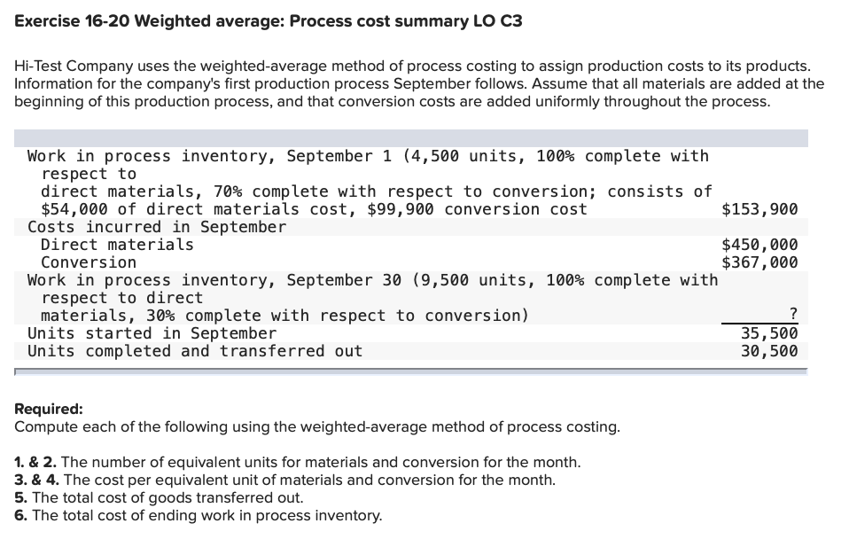 Solved Exercise 16-20 Weighted average: Process cost summary | Chegg.com