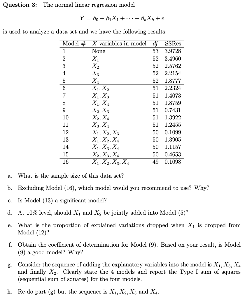Question 3: The normal linear regression model Y = Bo | Chegg.com