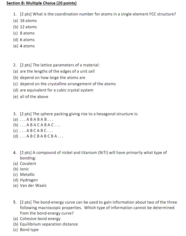 Solved Section B: Multiple Choice (20 points) 1. (2 pts] | Chegg.com