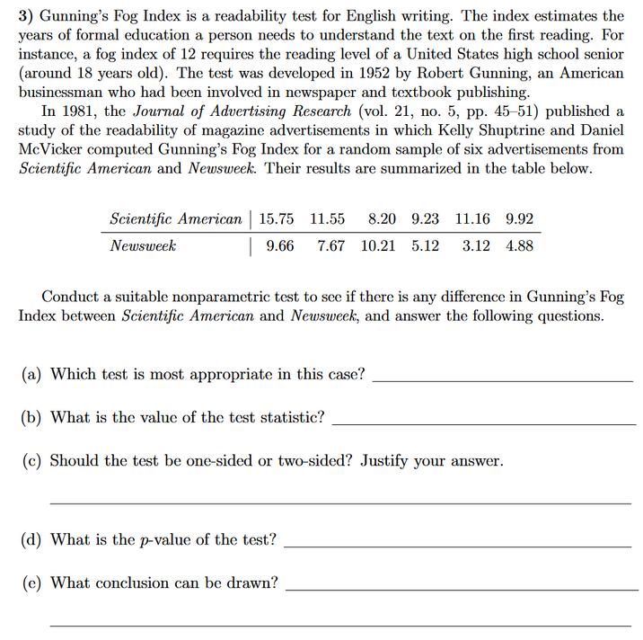 Solved 3) Gunning's Fog Index is a readability test for | Chegg.com