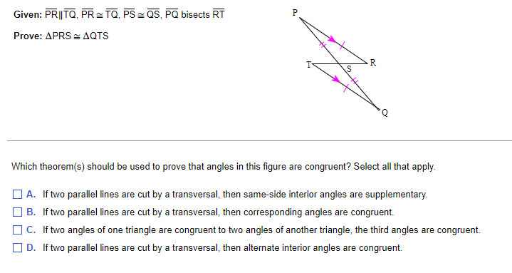 Solved Given: PR∥TQ,PR≅TQ,PS≅QS,PQ bisects RT Prove: | Chegg.com