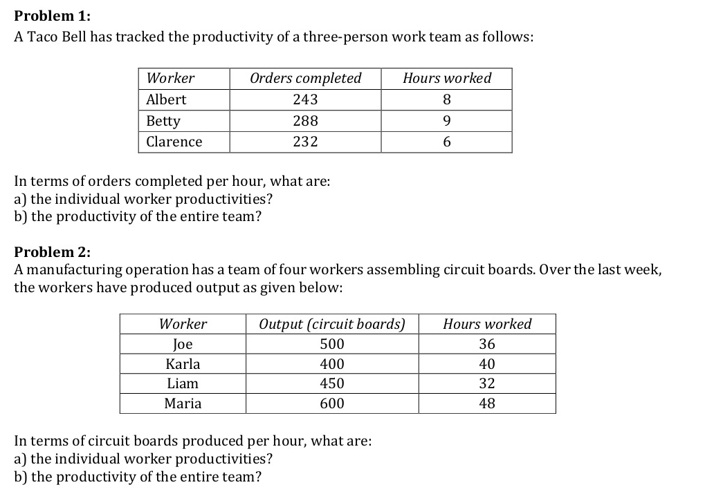 Solved Problem 1: A Taco Bell has tracked the productivity | Chegg.com