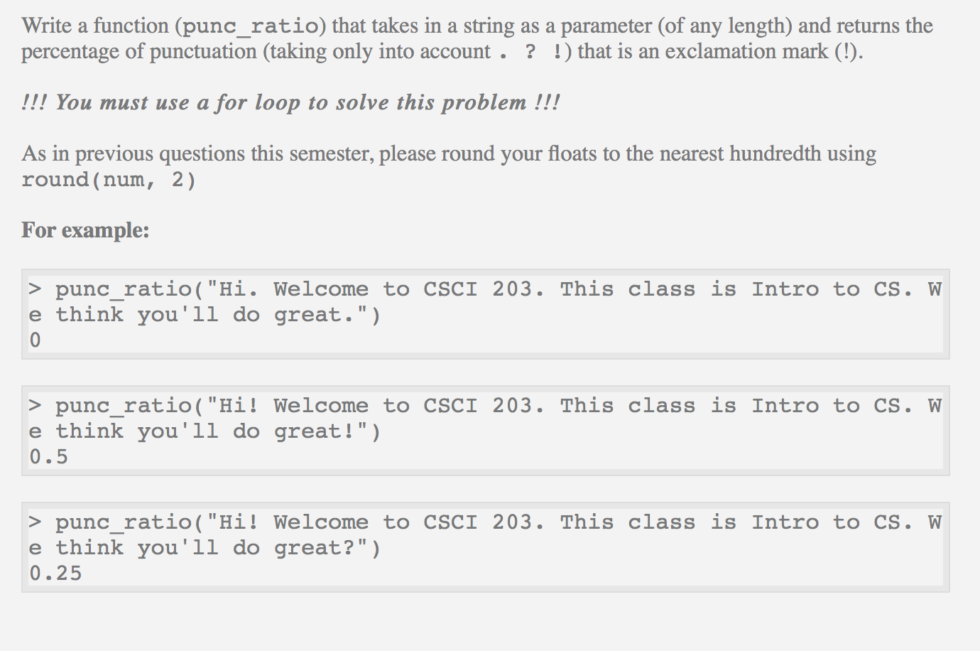 Solved Write a function (punc_ratio) that takes in a string | Chegg.com