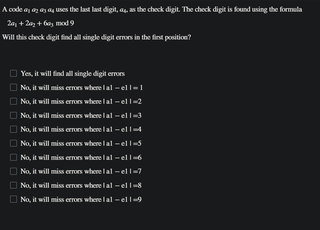 Solved A code a1a2a3a4 uses the last last digit, a4, as the | Chegg.com