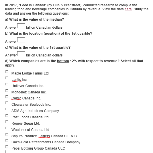 Solved In 2017, "Food in Canada" (by Dun & Bradstreet), | Chegg.com