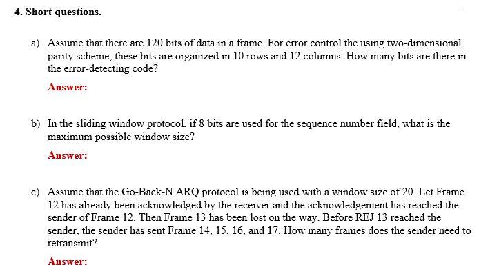 4. Short questions. a) Assume that there are 120 bits | Chegg.com