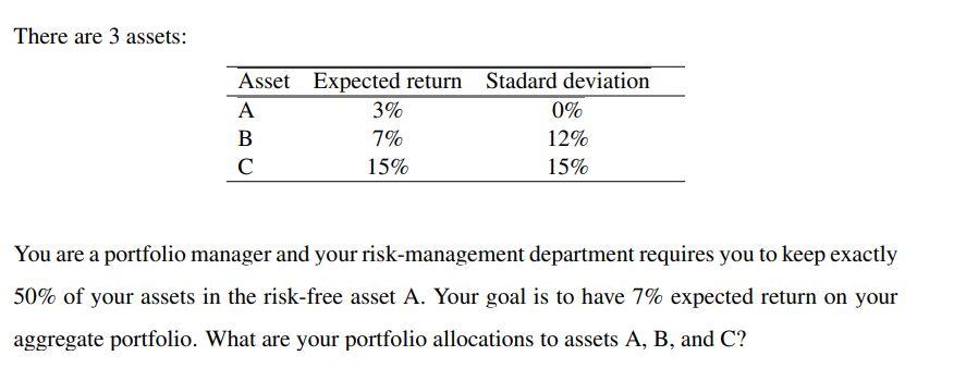 Solved There are 3 assets: Asset Expected return Stadard | Chegg.com