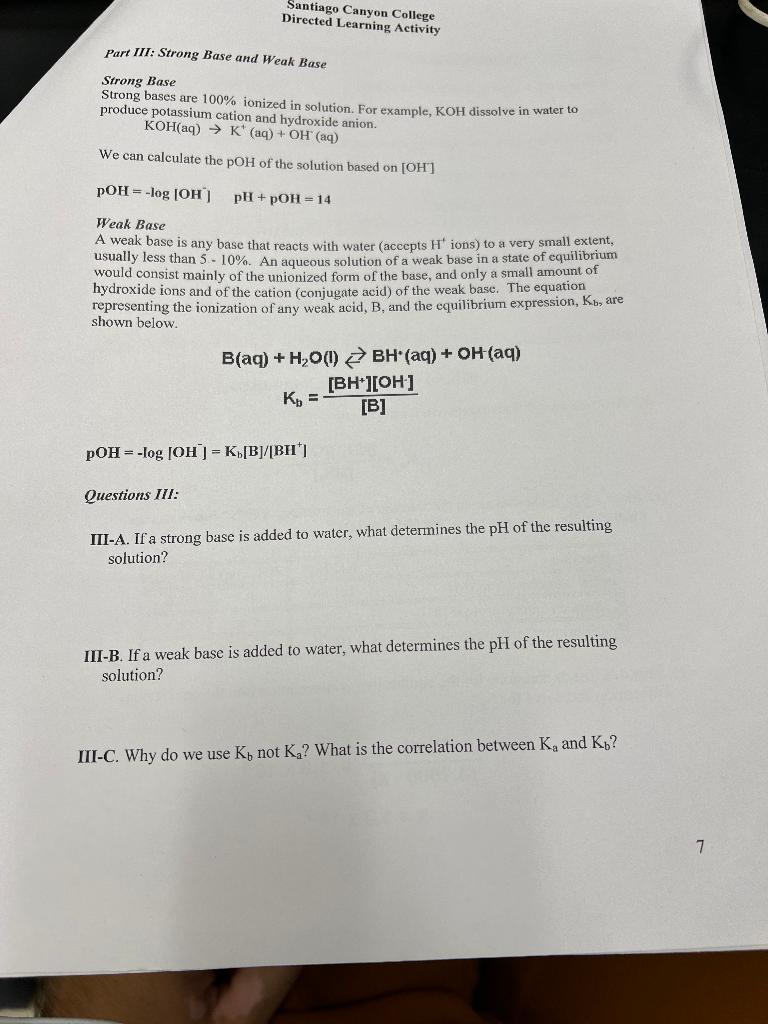 Solved Part III: Strong Base and Weak Base Strong Base | Chegg.com
