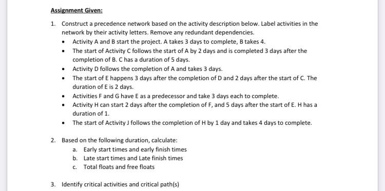 Solved Assignment Given: 1. Construct a precedence network | Chegg.com
