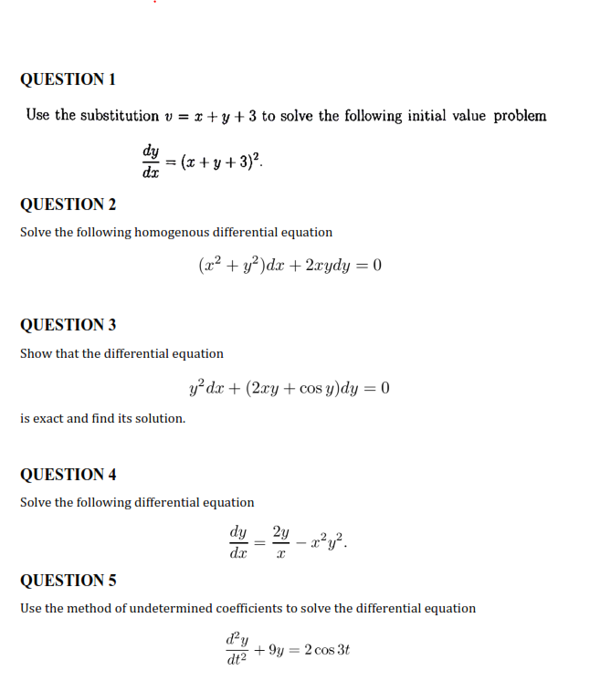 Solved QUESTION 1 Use the substitution v = x + y + 3 to | Chegg.com
