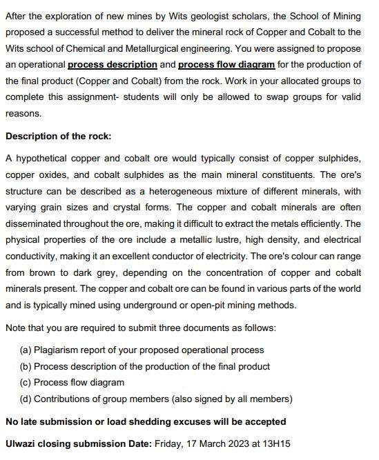 Solved After the exploration of new mines by Wits geologist | Chegg.com