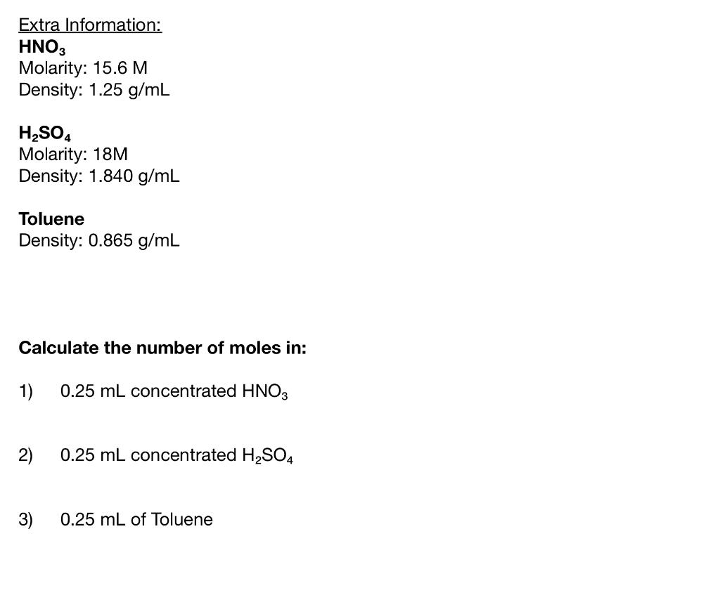 Solved Extra Information: HNO3 Molarity: 15.6 M Density: | Chegg.com