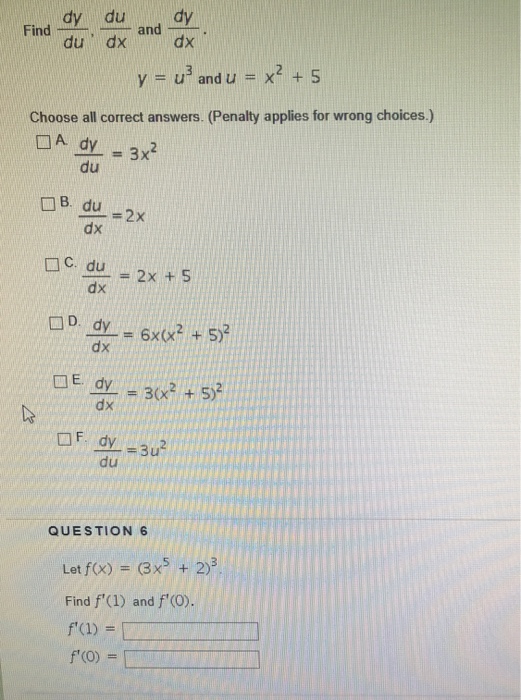 Solved dy du , dy Find ,. dy and dx and y=u3 and u = x2 + 5 | Chegg.com