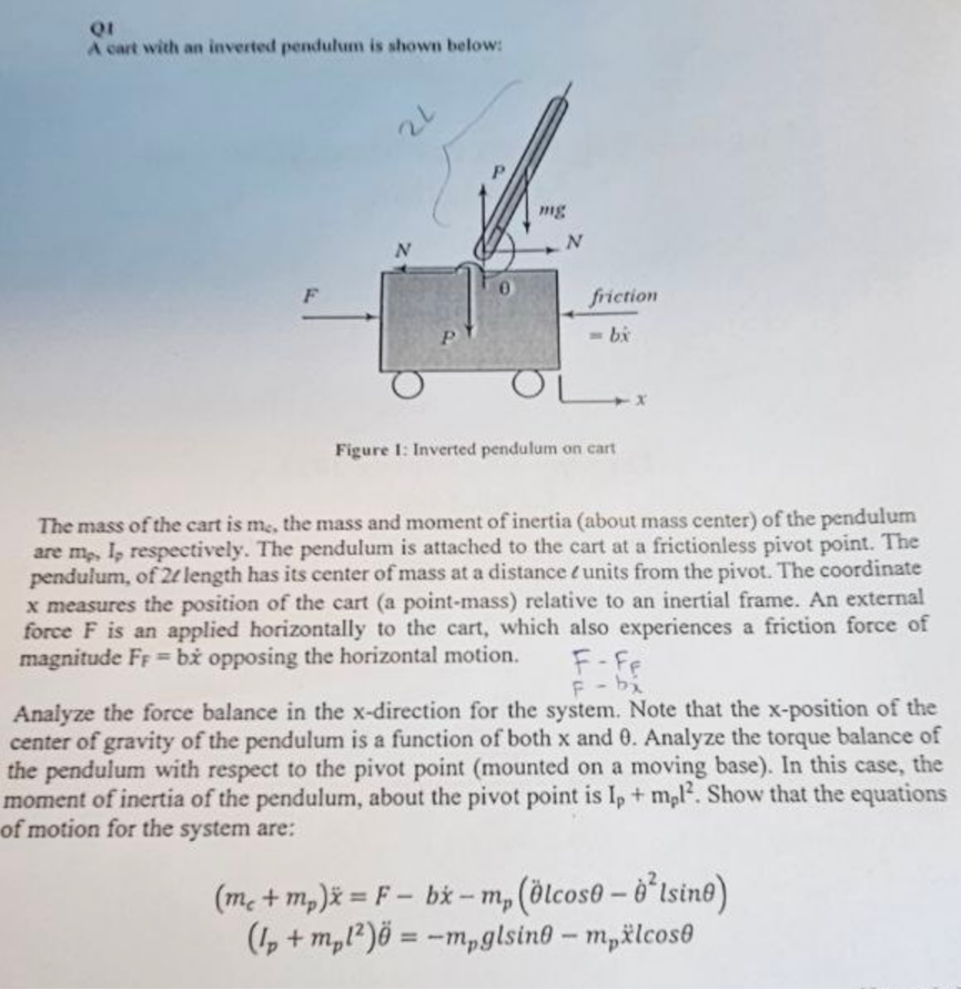 Solved Q1 A cart with an inverted pendulum is shown below: | Chegg.com