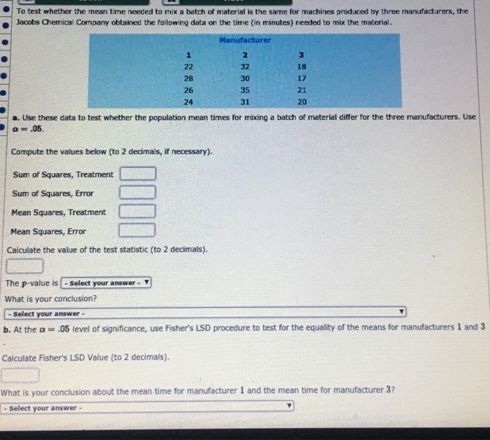 Solved To test whether the mean time needed to mix a batch | Chegg.com