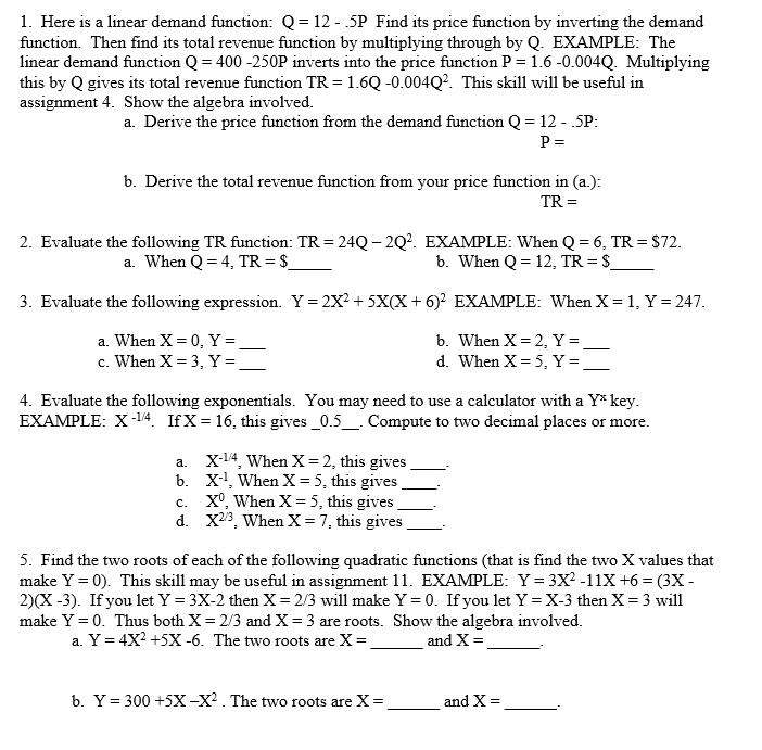 Solved 1. Here is a linear demand function: Q = 12 - 5P Find | Chegg.com