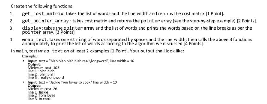 Solved Create the following functions: 1. get_cost_matrix: | Chegg.com