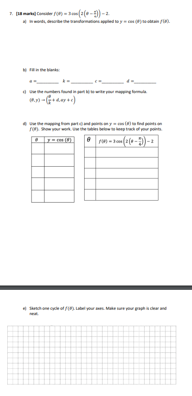 Solved 7. [18 marks] Consider f(θ)=3cos(2(θ−4π))−2. a) In | Chegg.com
