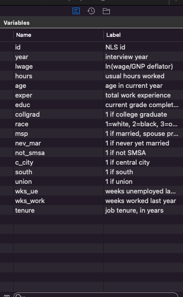 Variables \begin{tabular}{l|l} \hline Name & Label \\ | Chegg.com
