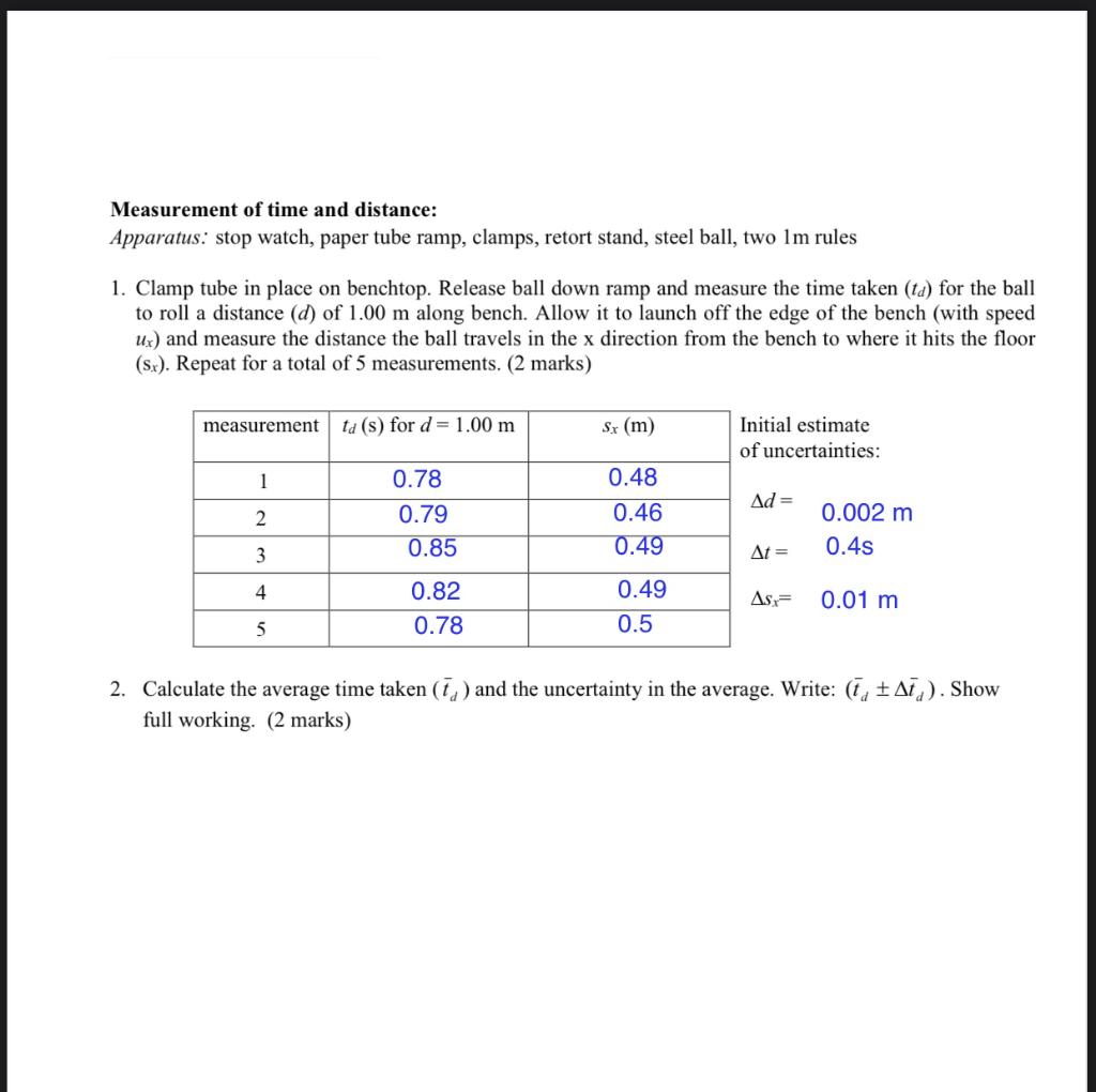 Solved Measurement of time and distance: Apparatus: stop | Chegg.com