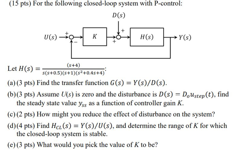 Solved (15 pts) For the following closed-loop system with | Chegg.com
