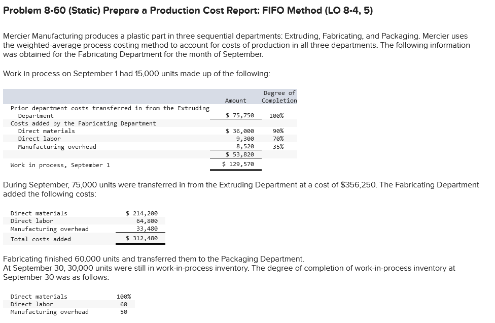 Problem 8-60 (Static) Prepare a Production Cost | Chegg.com