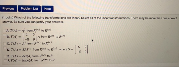 Solved Previous Problem List Next (1 point) Find the matrix | Chegg.com