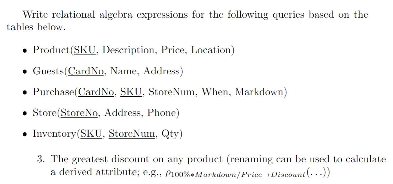 Solved Write relational algebra expressions for the | Chegg.com