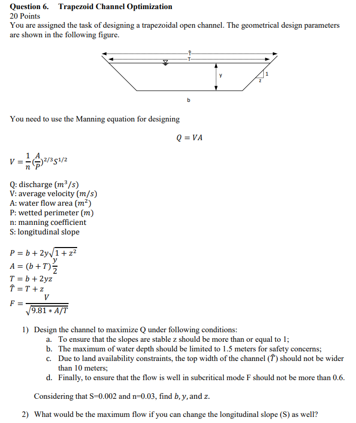 Question 6. Trapezoid Channel Optimization 20 Points | Chegg.com