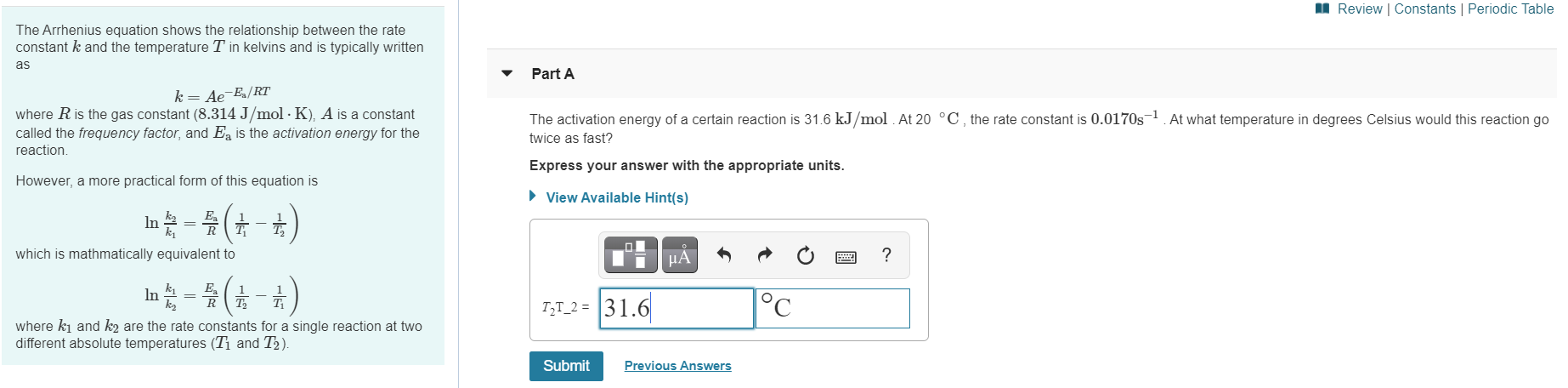 Solved A Review Constants Periodic Table The Arrhenius | Chegg.com