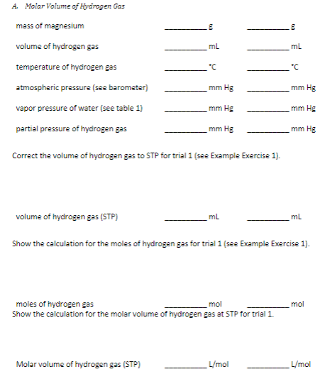 Solved A. Molar Volume of Hydrogen Gas Correct the volume of | Chegg.com