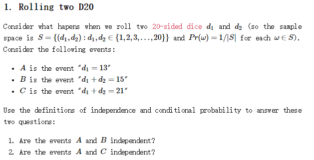 Solved 1. Rolling two D20 Consider what hapens when we roll | Chegg.com