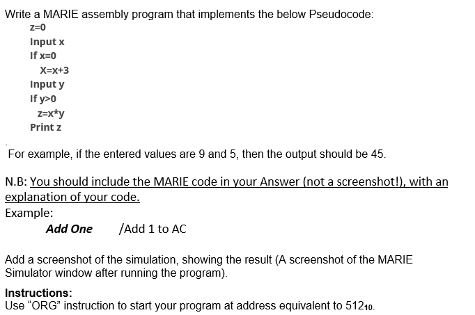 Solved Write a MARIE assembly program that implements the | Chegg.com
