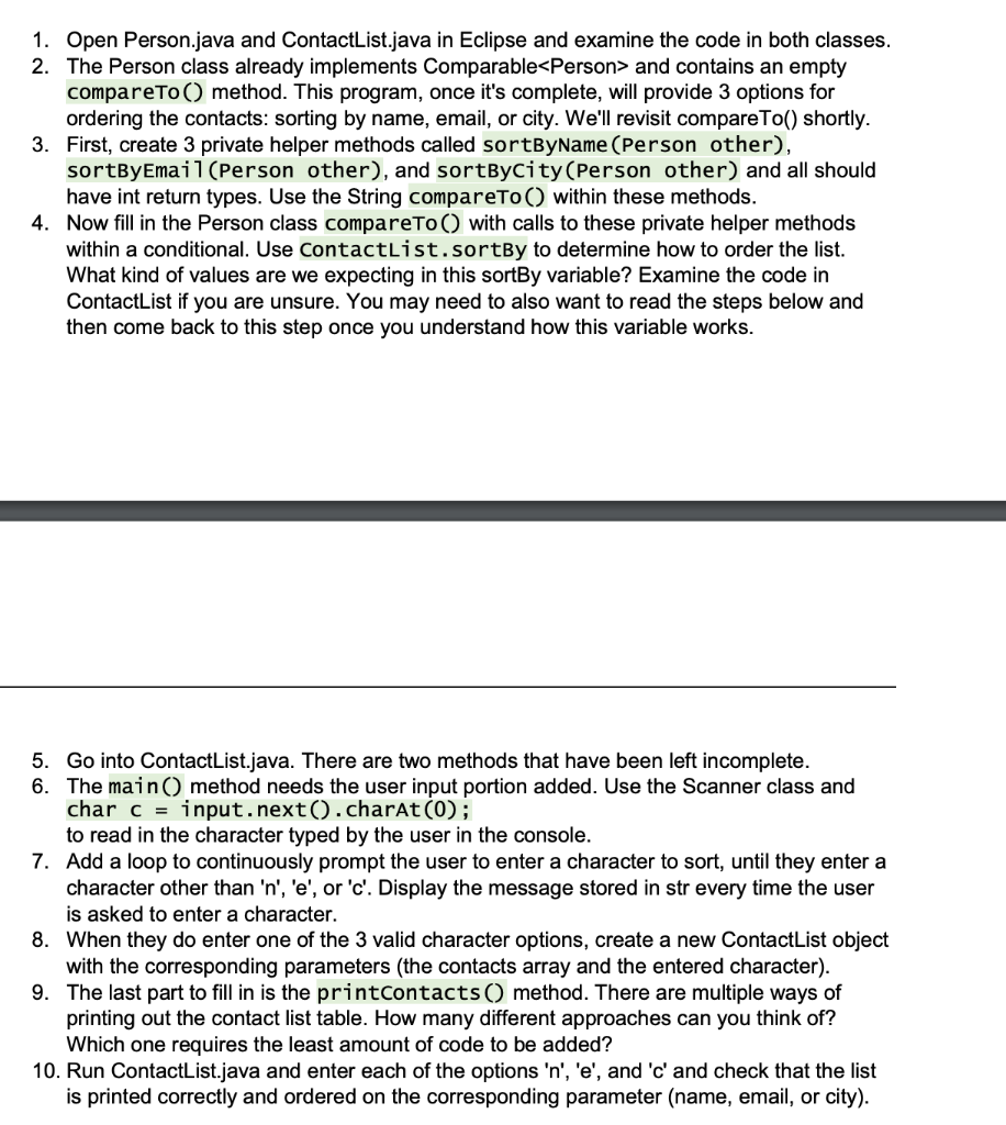 Solved 1. Open Person.java and ContactList.java in Eclipse | Chegg.com