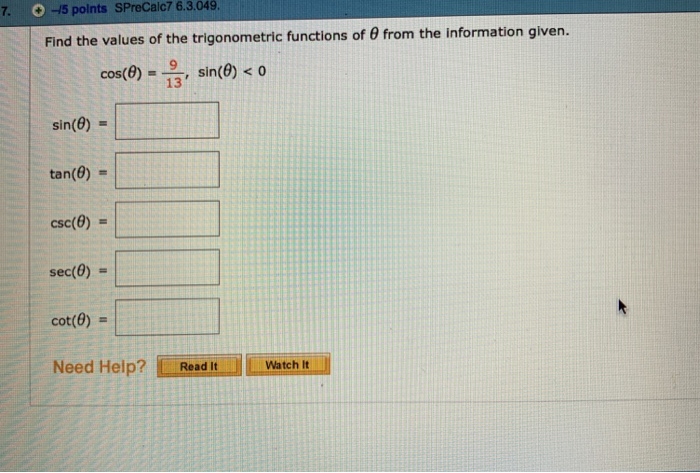 Solved Find the values of the trigonometric functions of 0 | Chegg.com