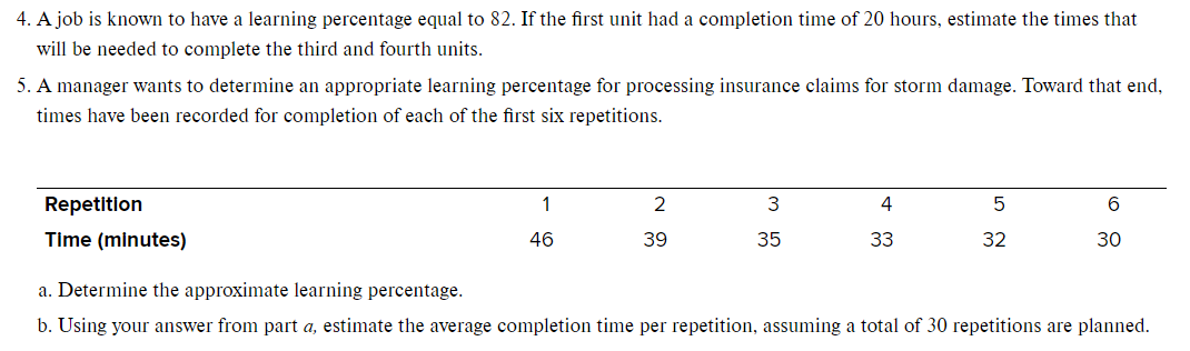 Solved 4. A job is known to have a learning percentage equal | Chegg.com