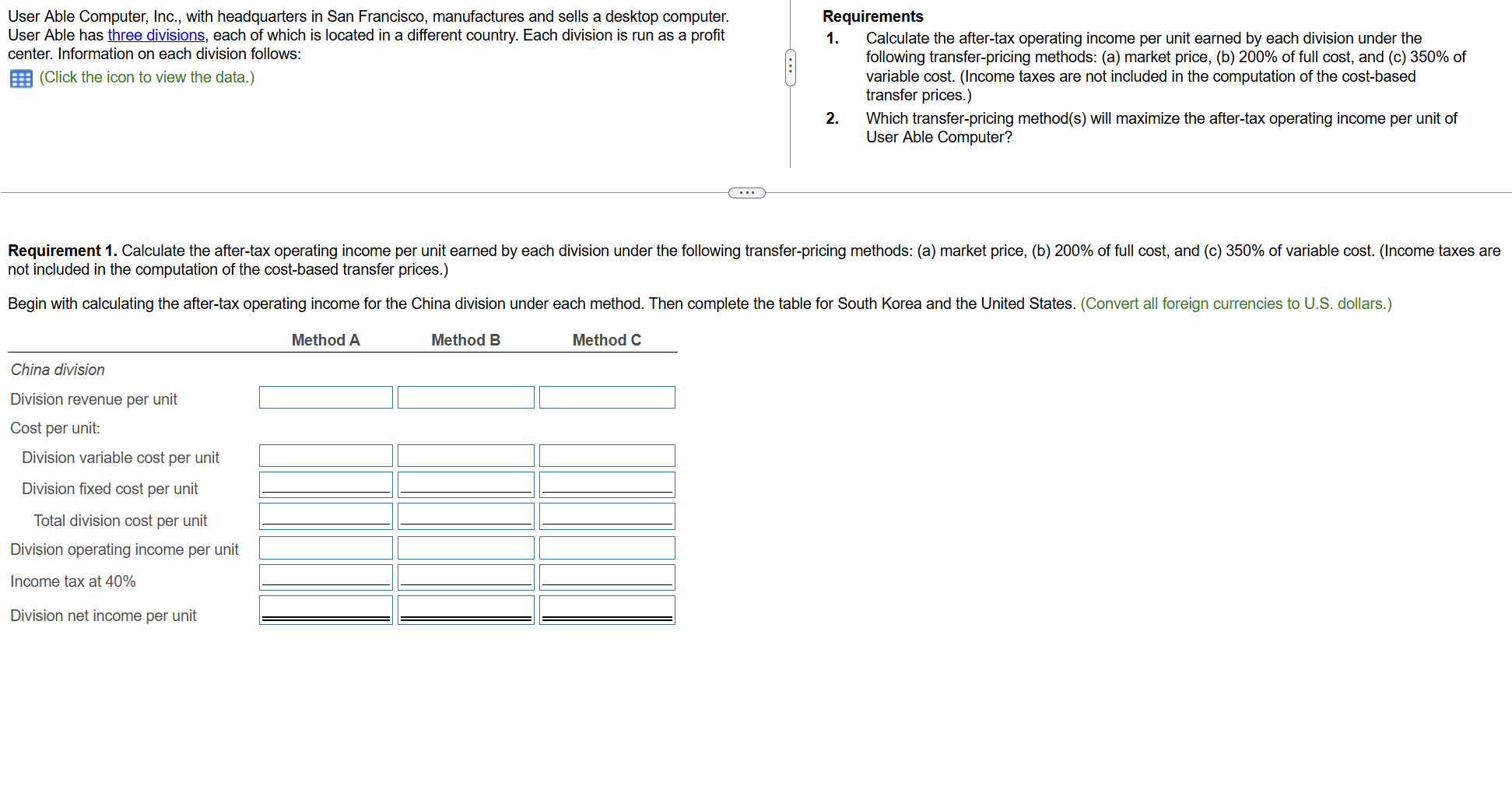 Solved by an EXPERT Requirement 1. ﻿Calculate the after-tax operating | Chegg.com